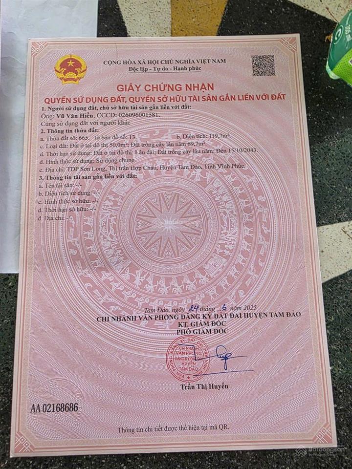 Chính chủ bán gấp lô đất sơn long, trung tâm tt. hợp châu 219,7m2 mt 7m sát vành đai 5 giá 1,37 tỷ