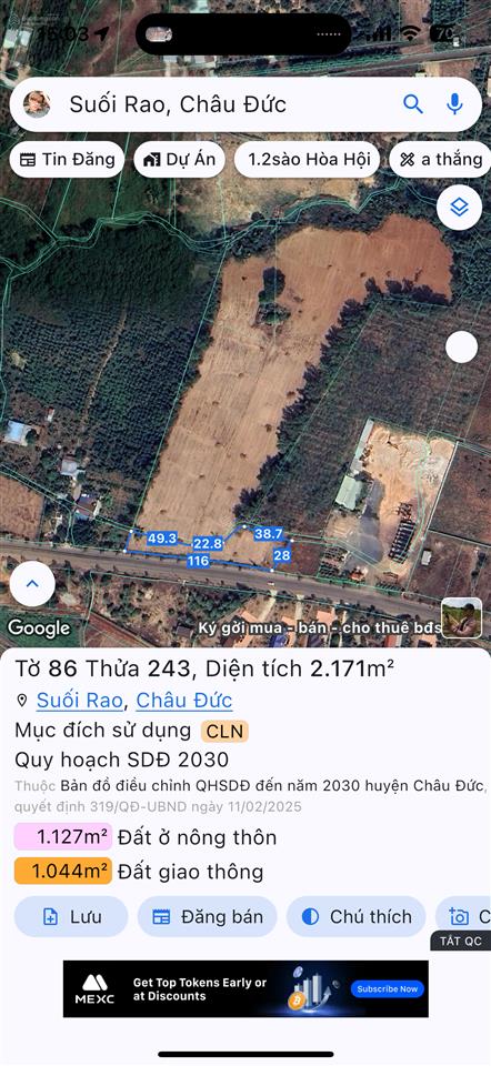 Bán khu đất mặt tiền đường suối rau phước tân hội bài